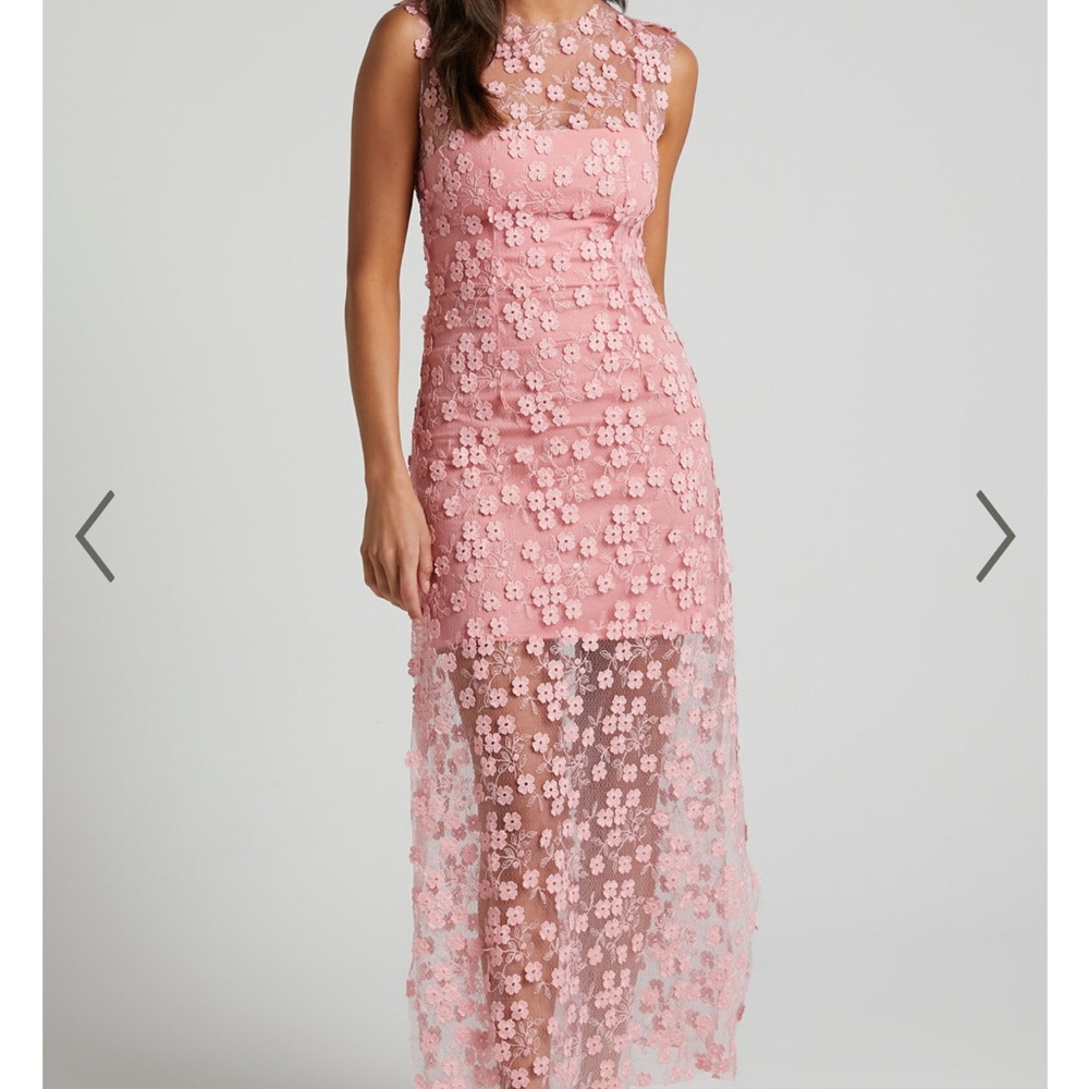 Light Pink, Mesh Floral Appliqu Overlay Midi Dress - Gem